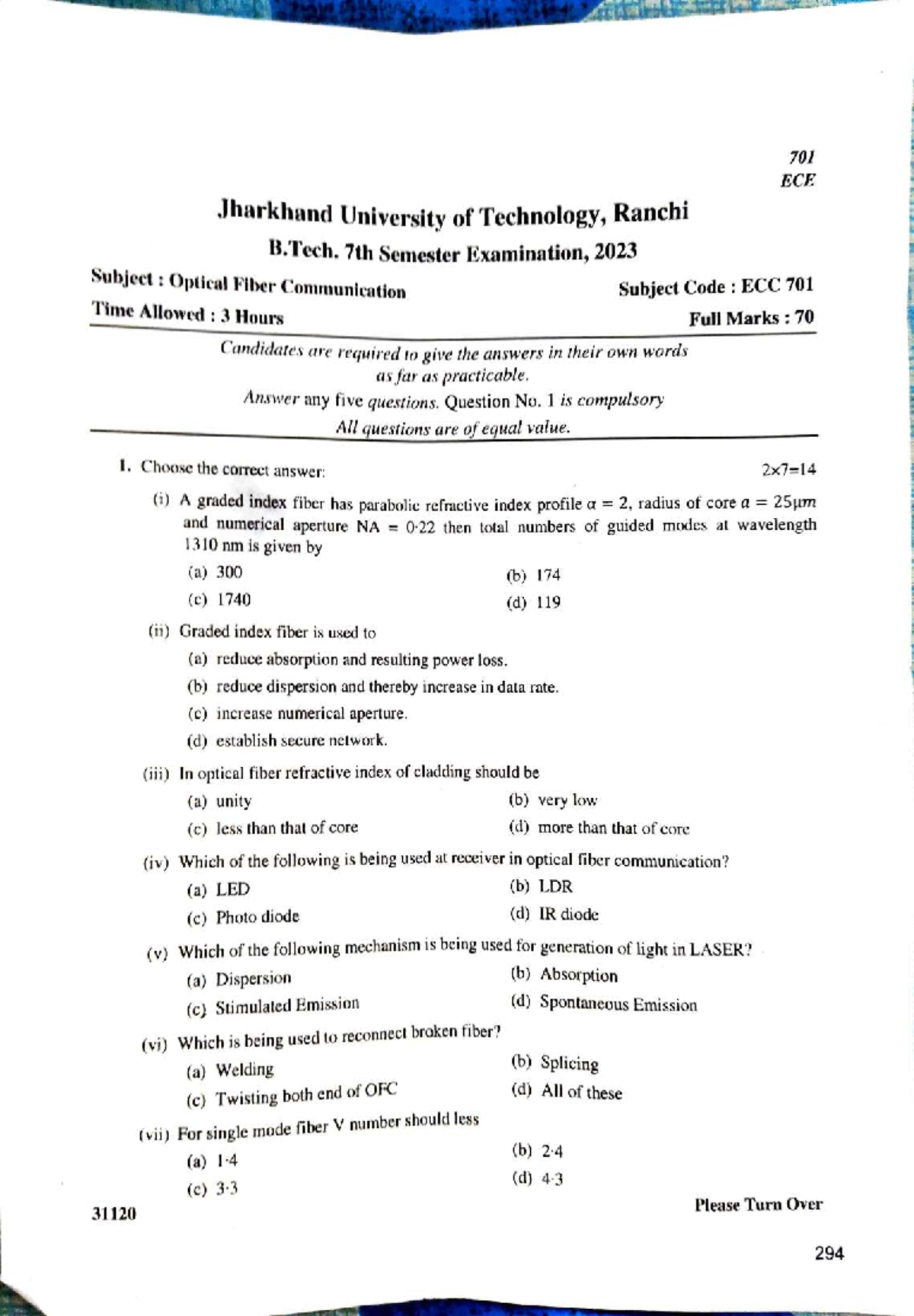 701 ECE Optical Fiber Communication - B.Tech 7th Sem Exam 2023 - Studocu