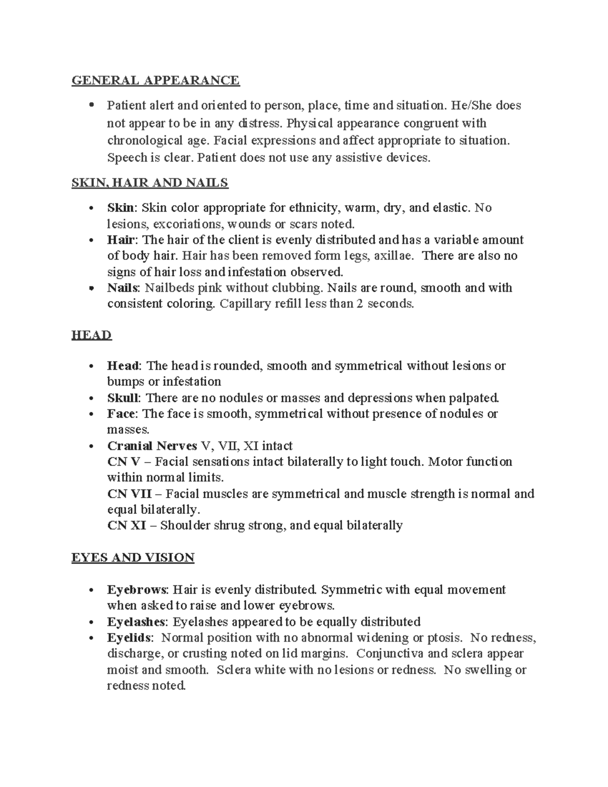 Head-to-Toe Assessment Documentation Example (NURS 101) - Studocu