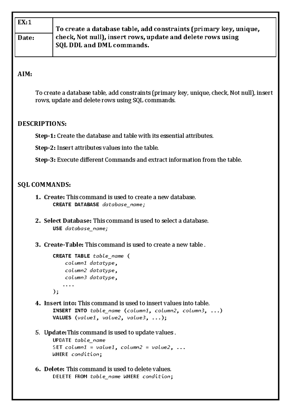 DBMS Manual: Creating Tables, SQL Commands, and Transactions Guide ...
