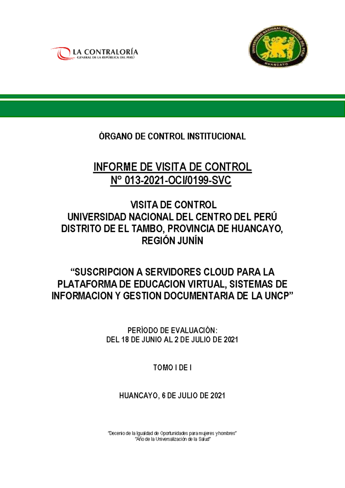 Informe de Control sobre Servidores Cloud en la UNCP - 2021 - Studocu