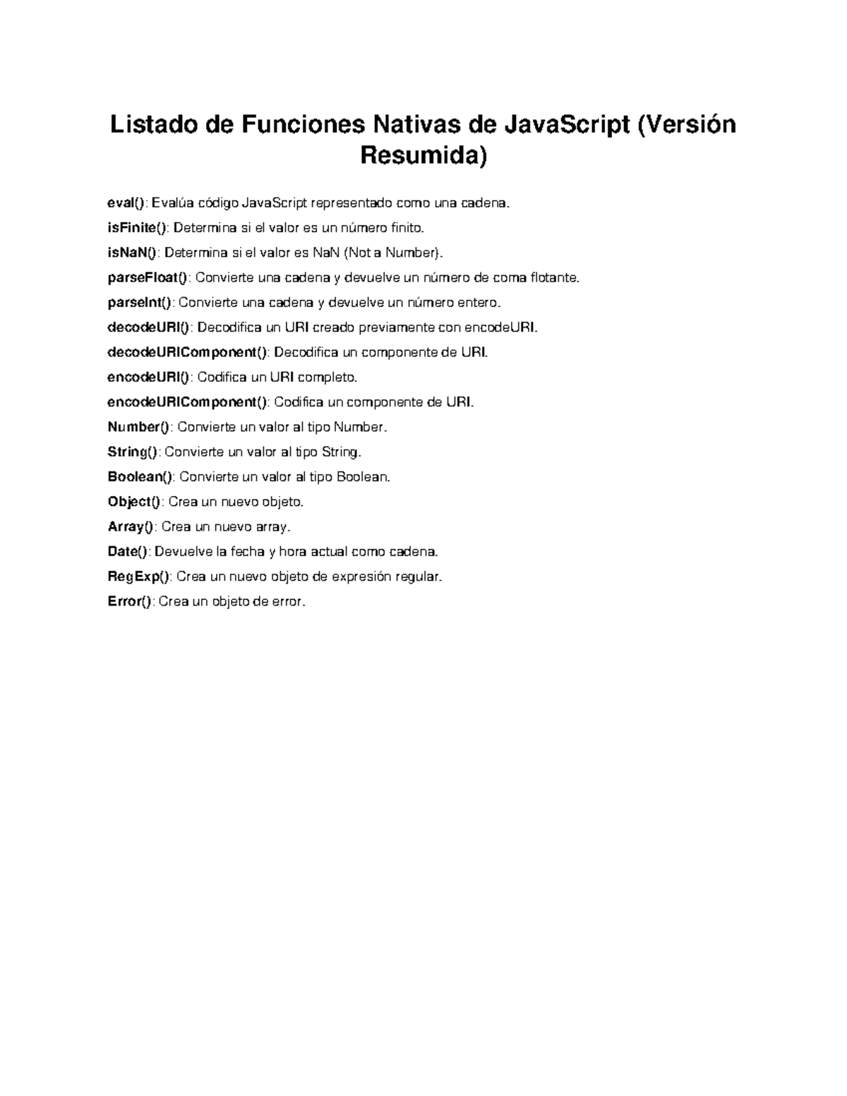 Funciones Nativas de JavaScript: Resumen de Métodos Clave - Studocu