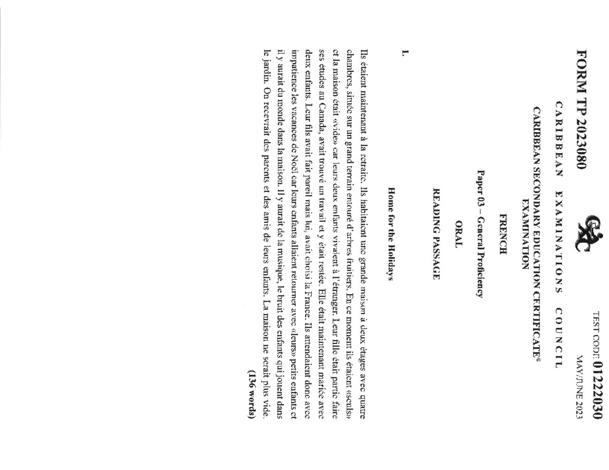 CSEC French Paper 03 General Proficiency Past Exam Practice 2023 - Studocu
