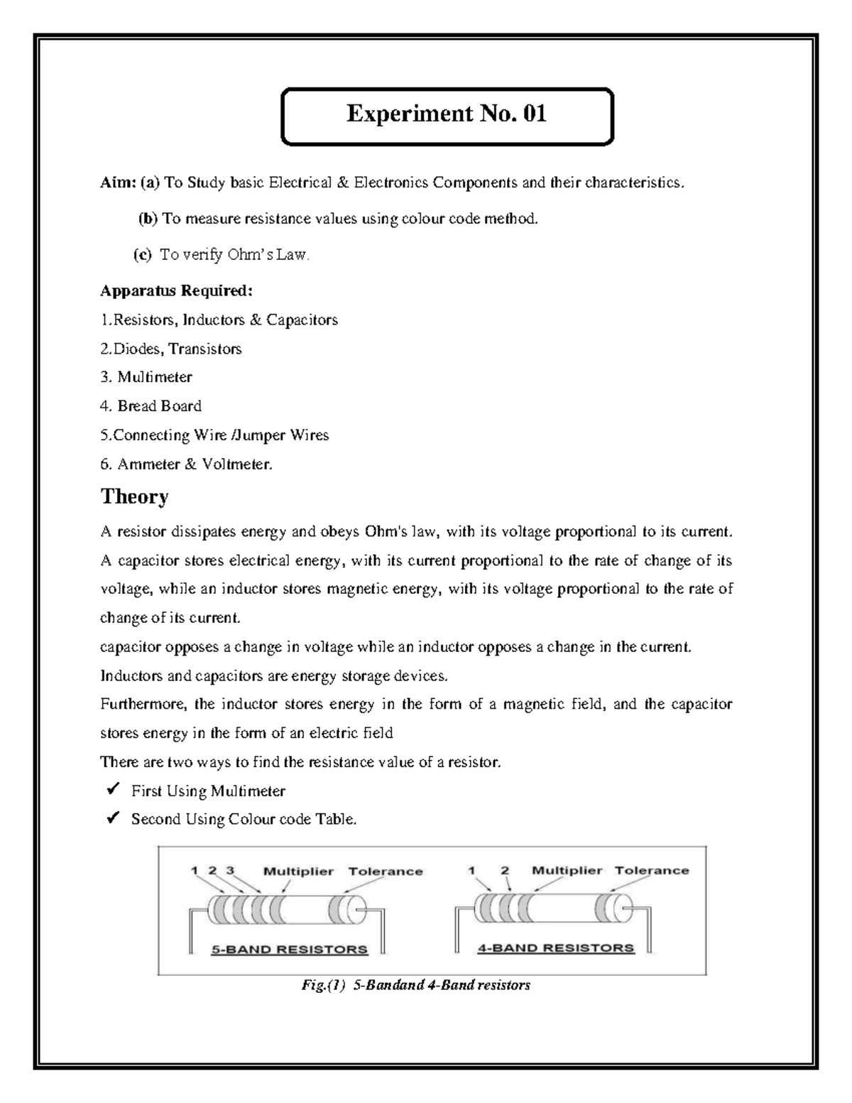 Experiment No. 01: Study of Electrical Components & Laws - Studocu