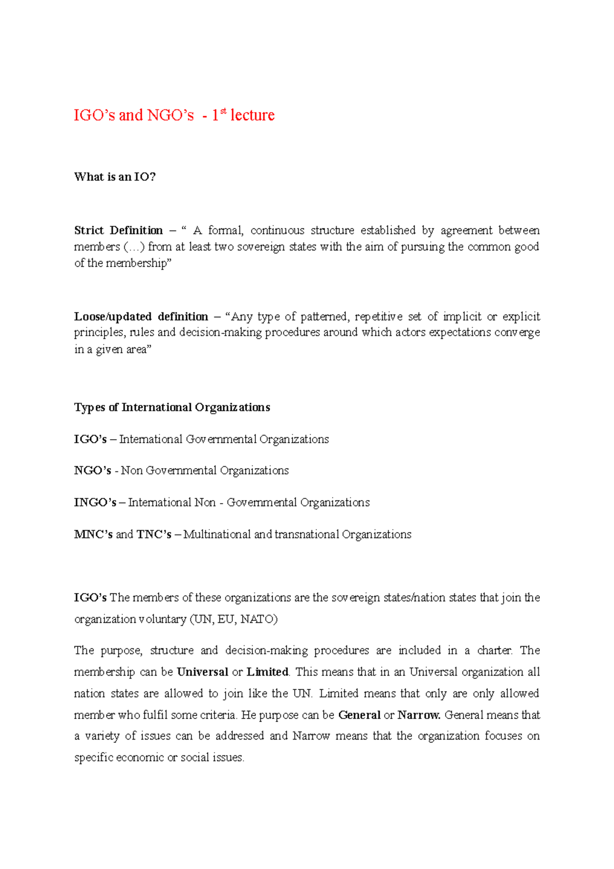 IGOs & NGOs: Comprehensive Lecture Summaries on Intl Organizations ...