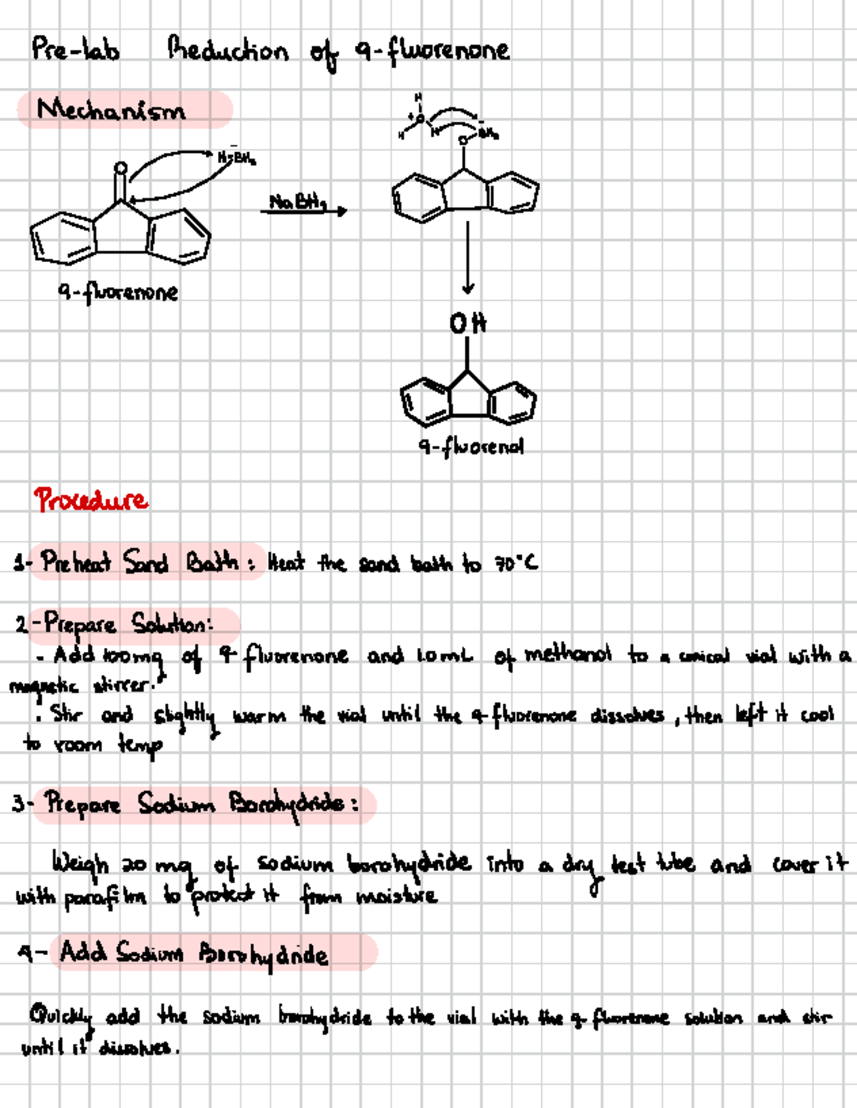 Prelab - Pre-lab - Pre-lab Reduction of 9-fluorenone Mechanism H prite H-BH - NaBHn . a ...