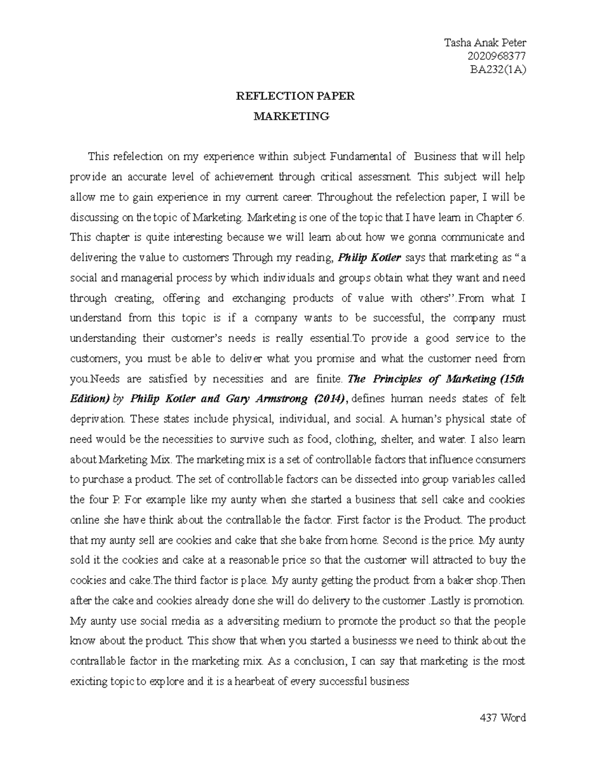 Assingment on Reflection Paper - Tasha Anak Peter 2020968377 BA232(1A ...