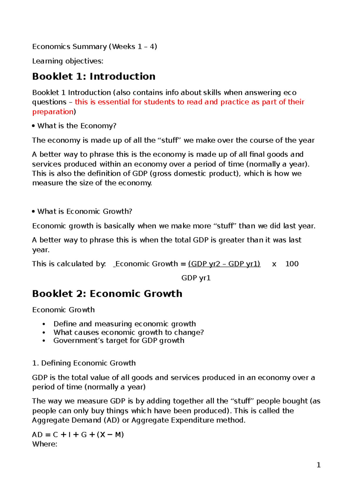 Year 10 Economics Summary (Weeks 1-5) Key Concepts and Learning ...