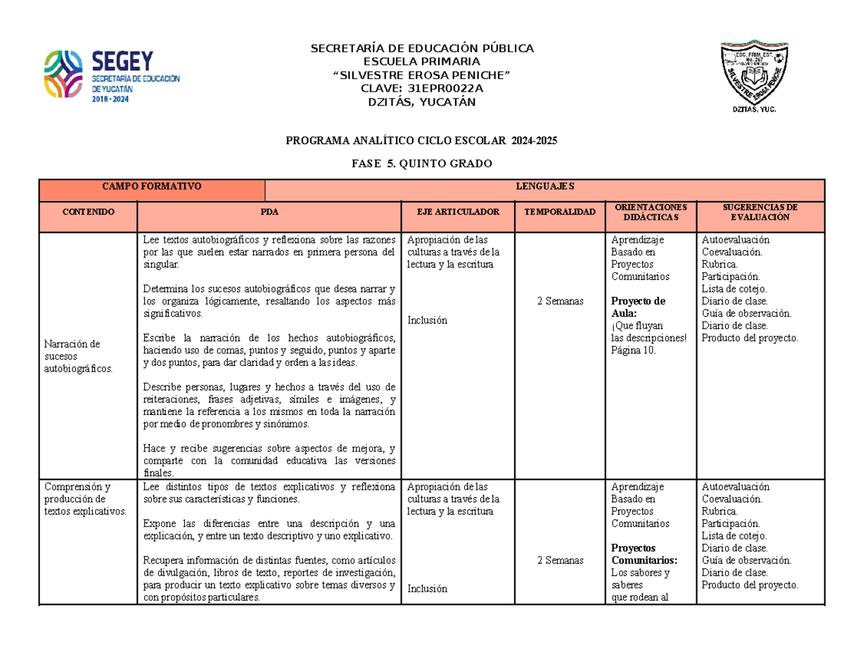 Programa Analítico Quinto Grado 2024-2025 - Educación y Proyectos - Studocu