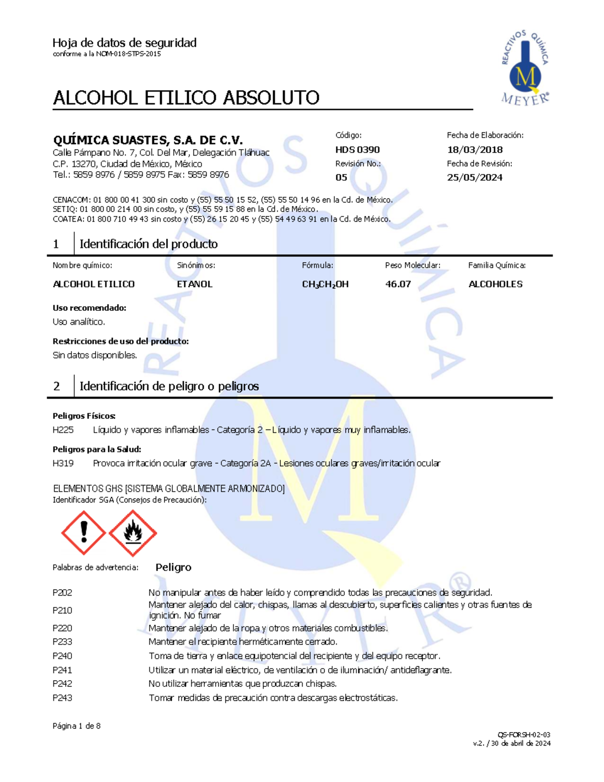 Hoja de Datos de Seguridad HDS-0390: Alcohol Etílico Absoluto - Studocu