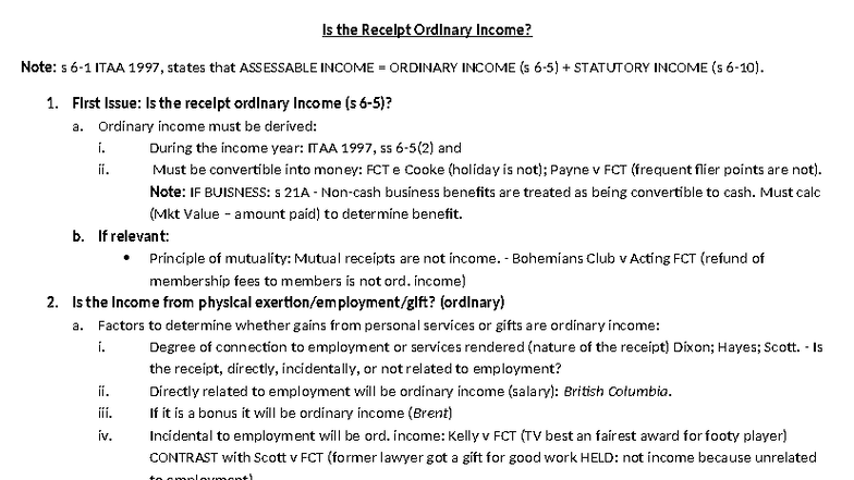 Tax Law Exam Notes: Is the Receipt Ordinary Income? (ITAA 1997) - Studocu