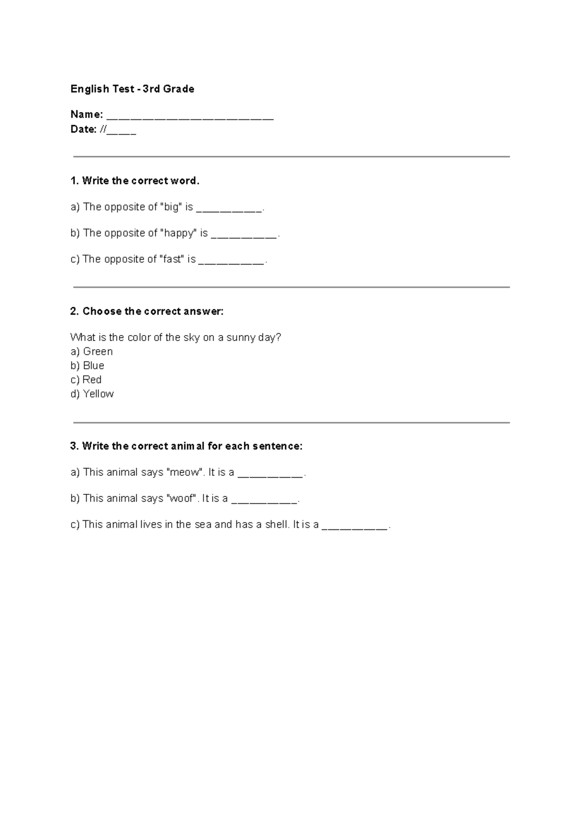 English Test - 3rd Grade - English Test - 3rd Grade Name ...