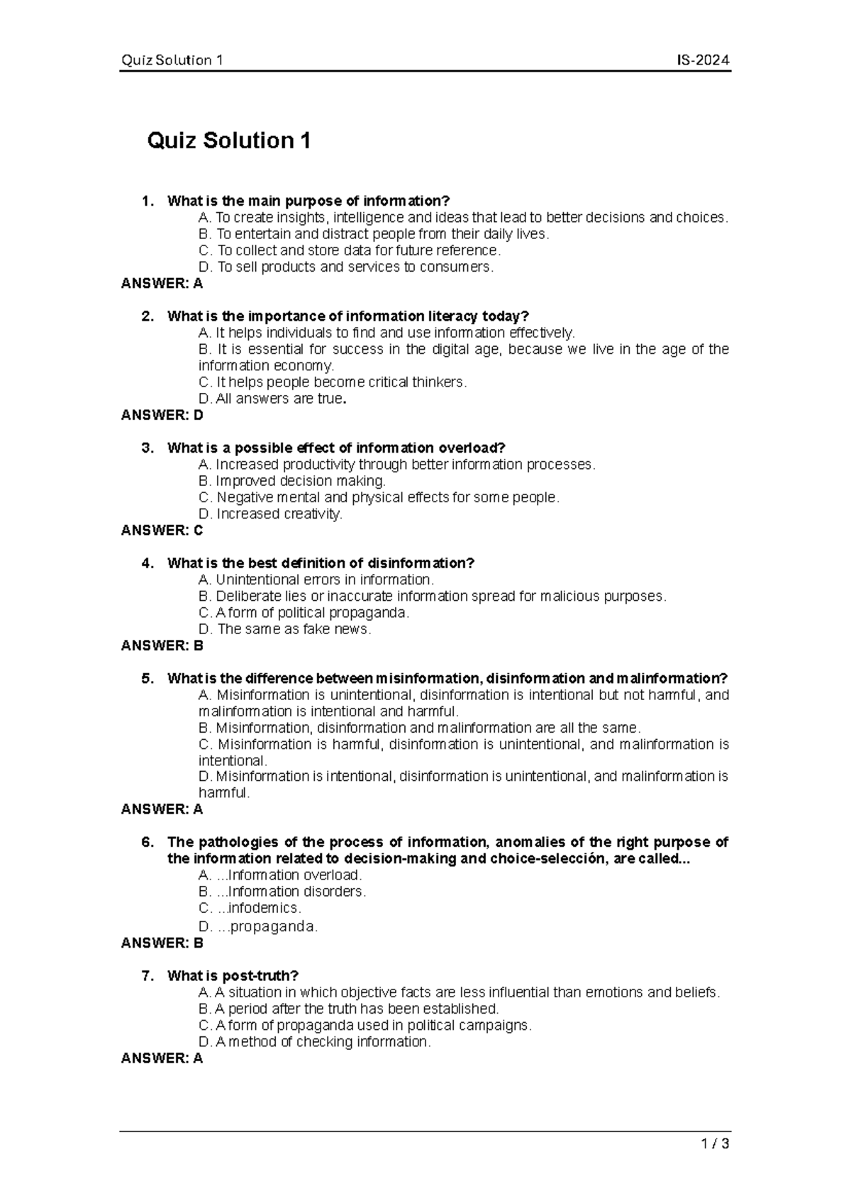 Quiz unit 1- Solutions - quiz unit 1 - Quiz Solution 1 IS- 2024 1 / 3 ...