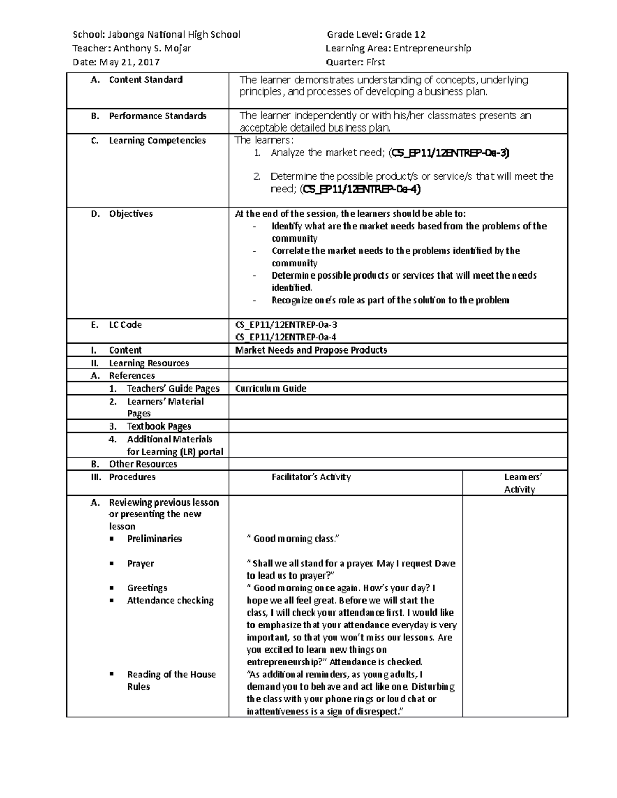 Detailed Lesson Plan: Understanding Market Needs in ENTREP 11/12 - Studocu