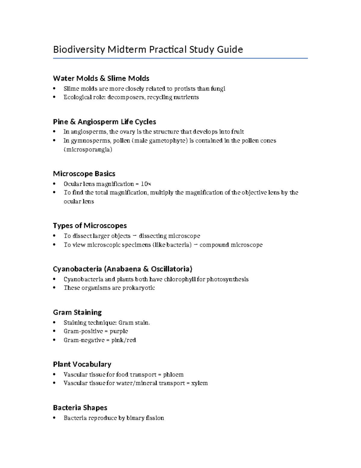 Biodiversity Practical Midterm Study Guide (Course Code: 020) - Studocu