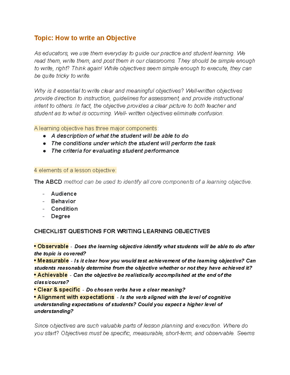 Objectives - How to write an objective for lesson plan: characteristics ...