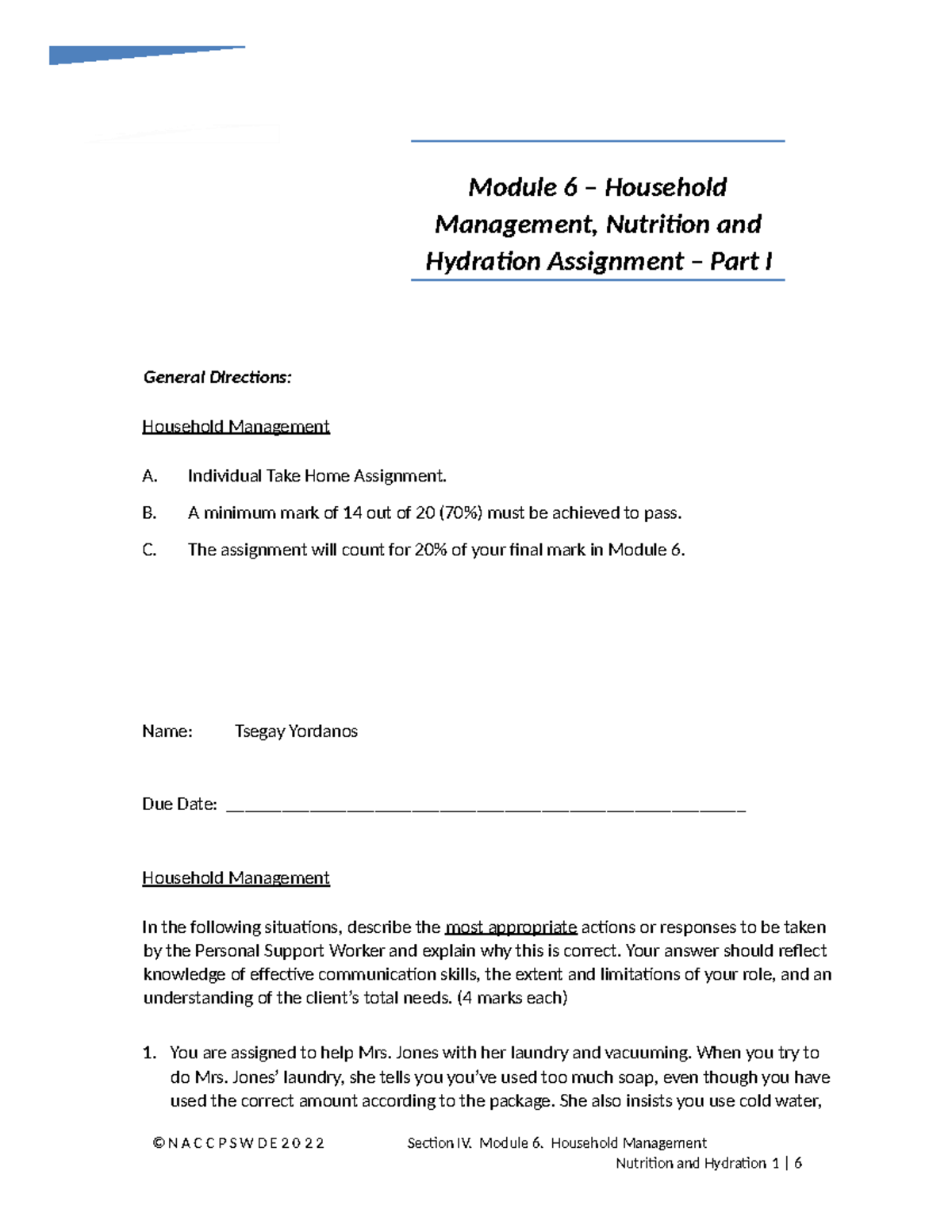 IV-7 Assignment - Module 6 House Management, Nutrition & Hydration Part ...