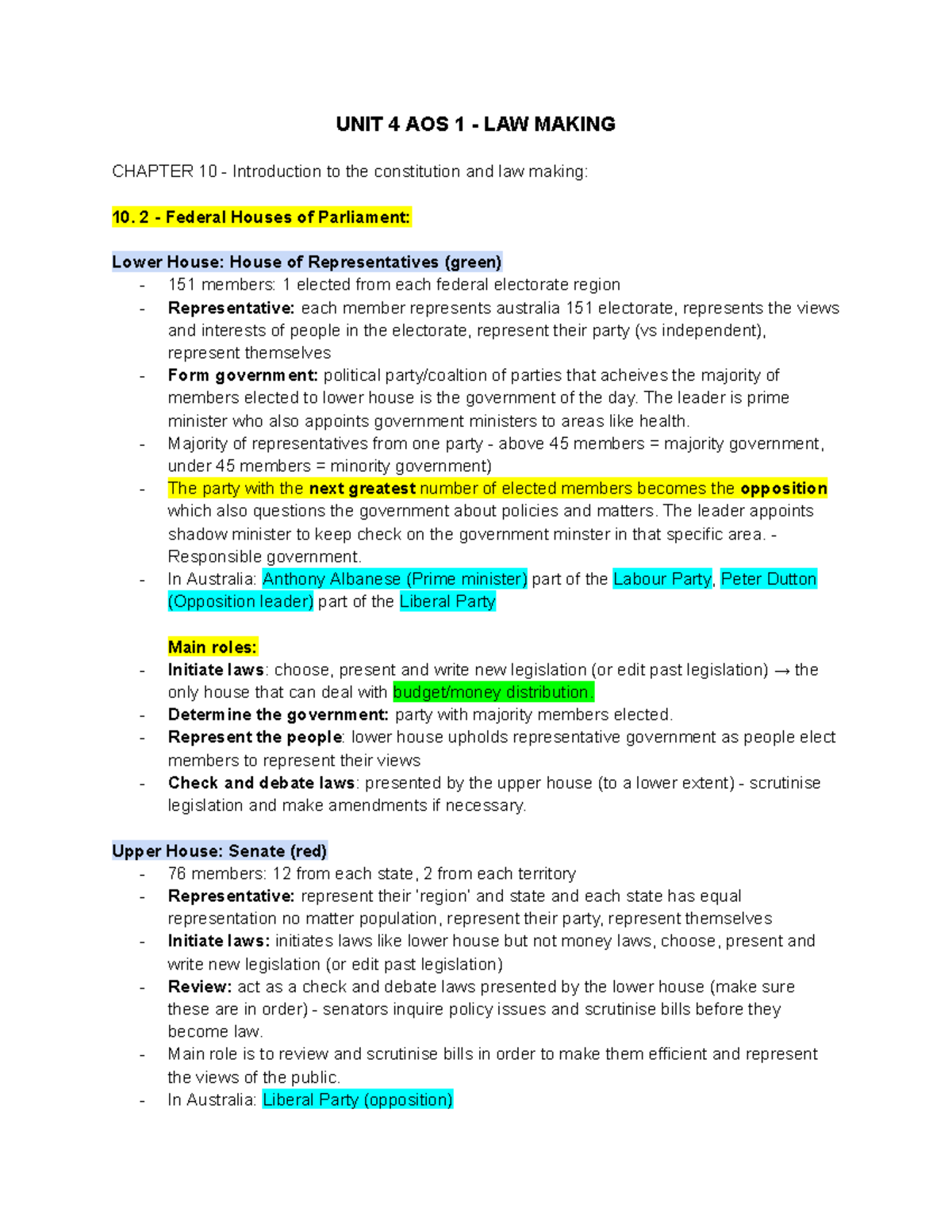 Legal UNIT 4 Outcome 1 Notes - UNIT 4 AOS 1 - LAW MAKING CHAPTER 10 ...