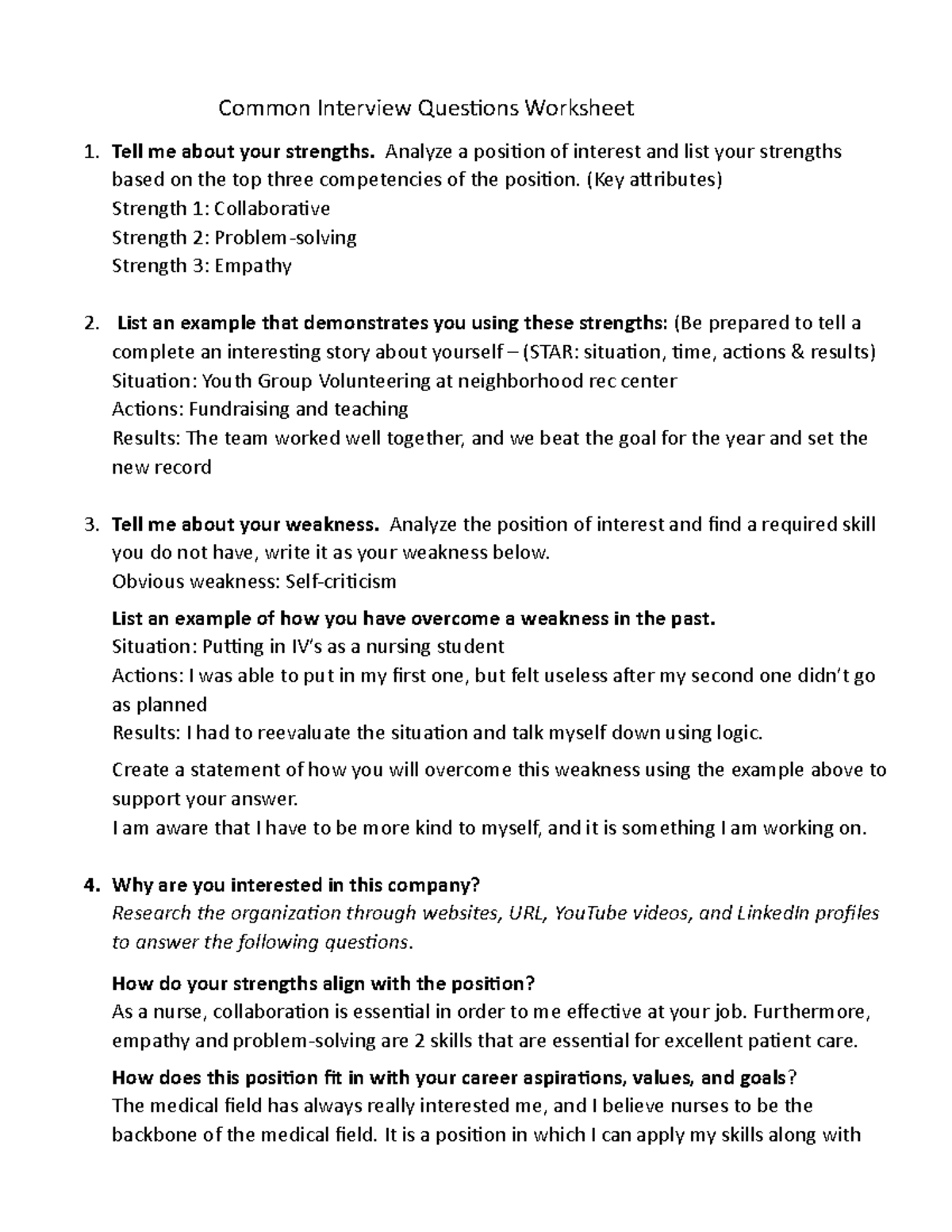 Common Interview Questions Worksheet - Analyze a position of interest ...