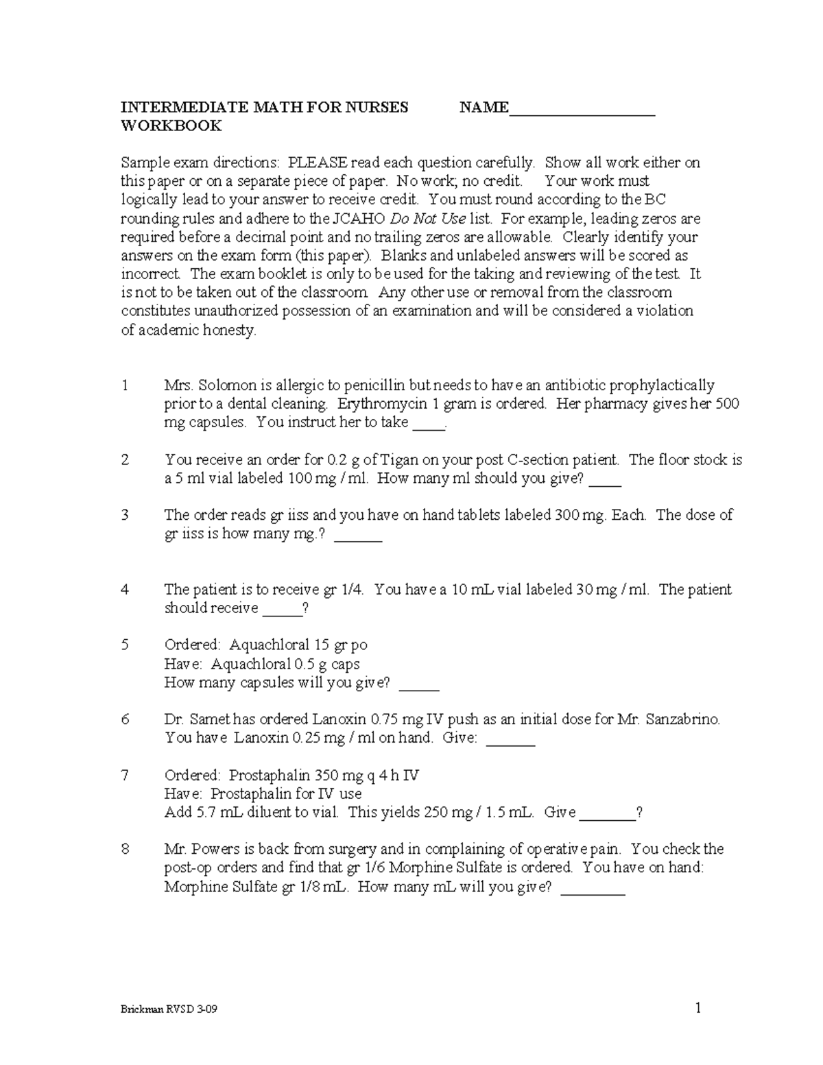Intermediate Math Workbook for Nurses: Sample Exam Questions - Studocu