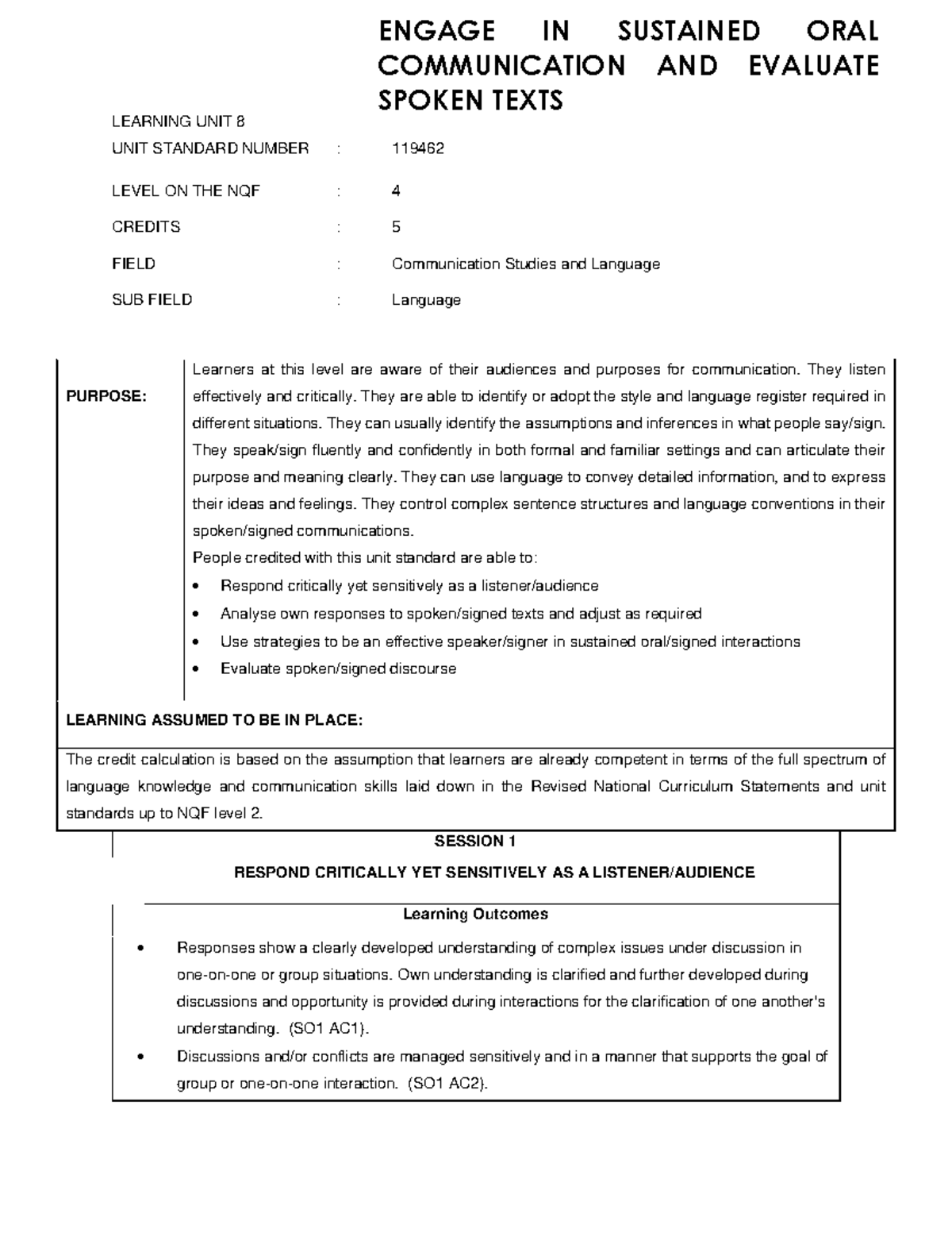 Unit Standard 119462: Engage in Sustained Oral Communication and ...