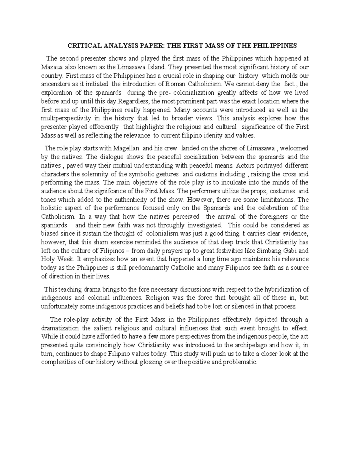 Critical Analysis of the First Mass in the Philippines (G2 Paper) - Studocu