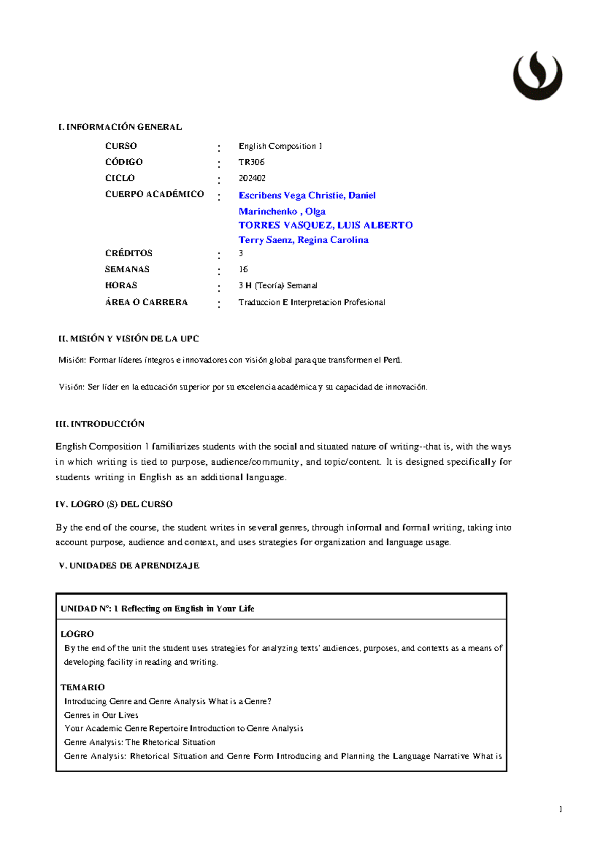 TR306 English Composition 1 Course Overview and Learning Units 202402 ...