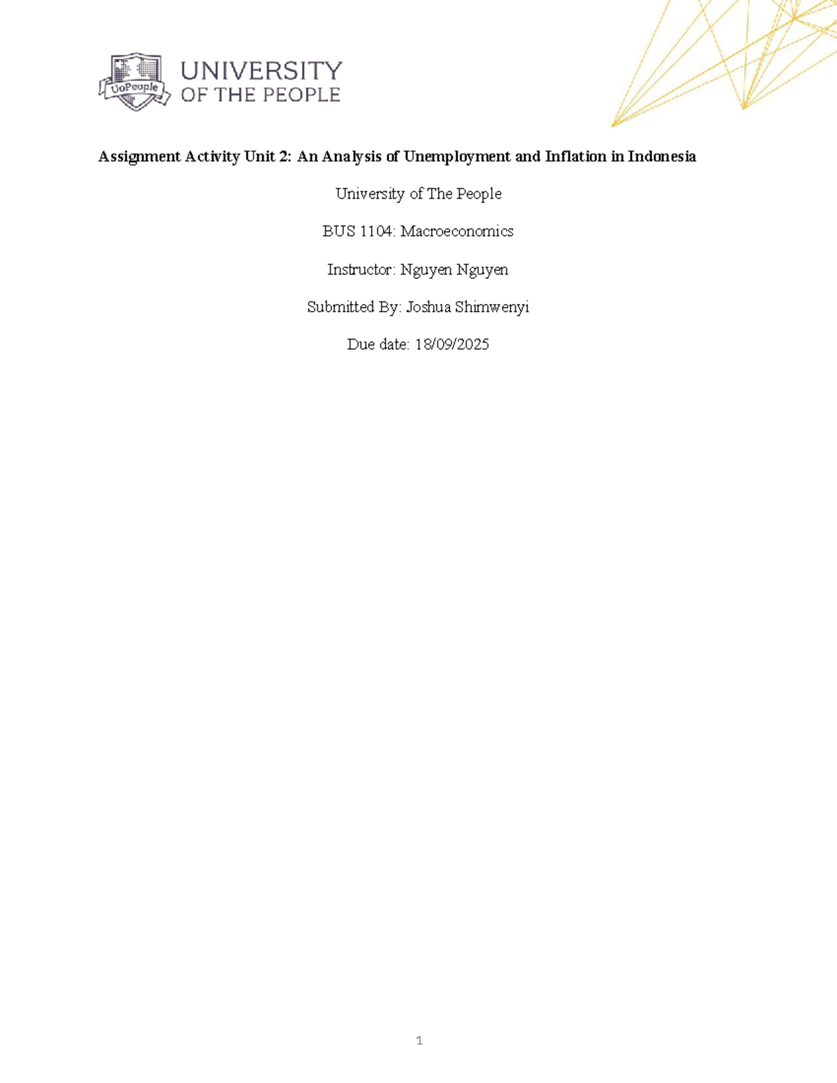 Assignment Activity Unit 2: Analyzing Unemployment & Inflation in Indonesia - - Studocu