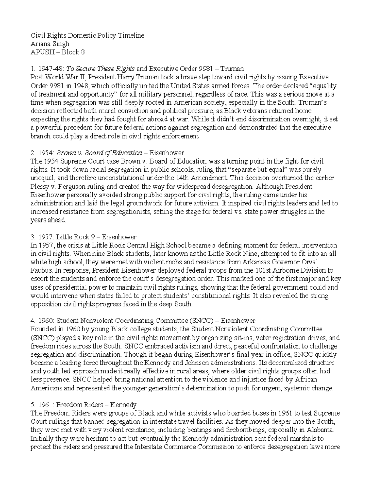 Civil Rights Domestic Policy Timeline: Key Events (APUSH Block 8) - Studocu