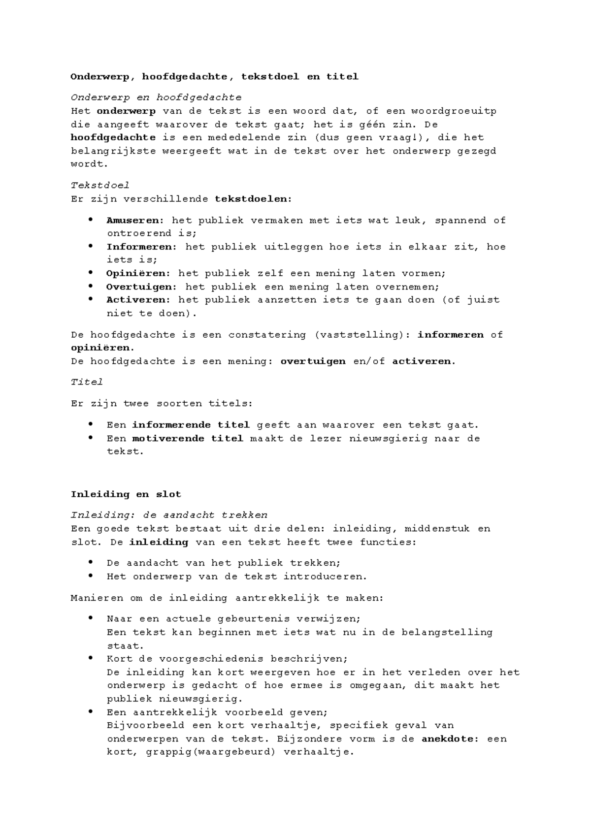 Nederlands Basis Samenvatting: Tekststructuur en Hoofdgedachte ...