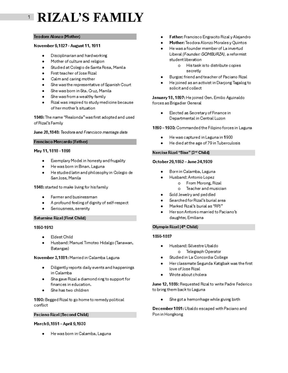 Rizal'S Family - NOTES - 1 RIZAL’S FAMILY Teodora Alonzo (Mother ...