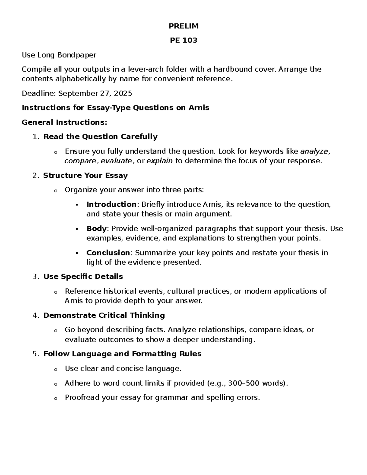 PE 103 Prelim Arnis Essay Guidelines and Instructions - Studocu