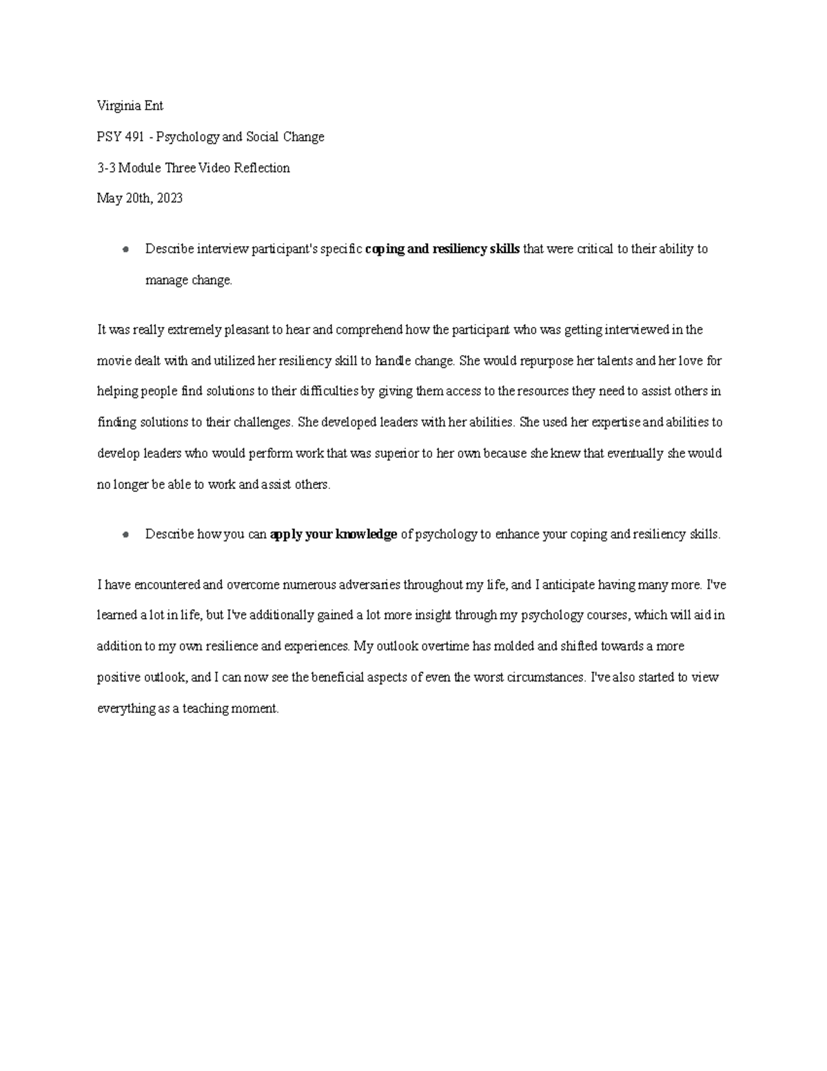 PSY 491 Module 3 Reflection: Coping & Resiliency Skills Insights - Studocu
