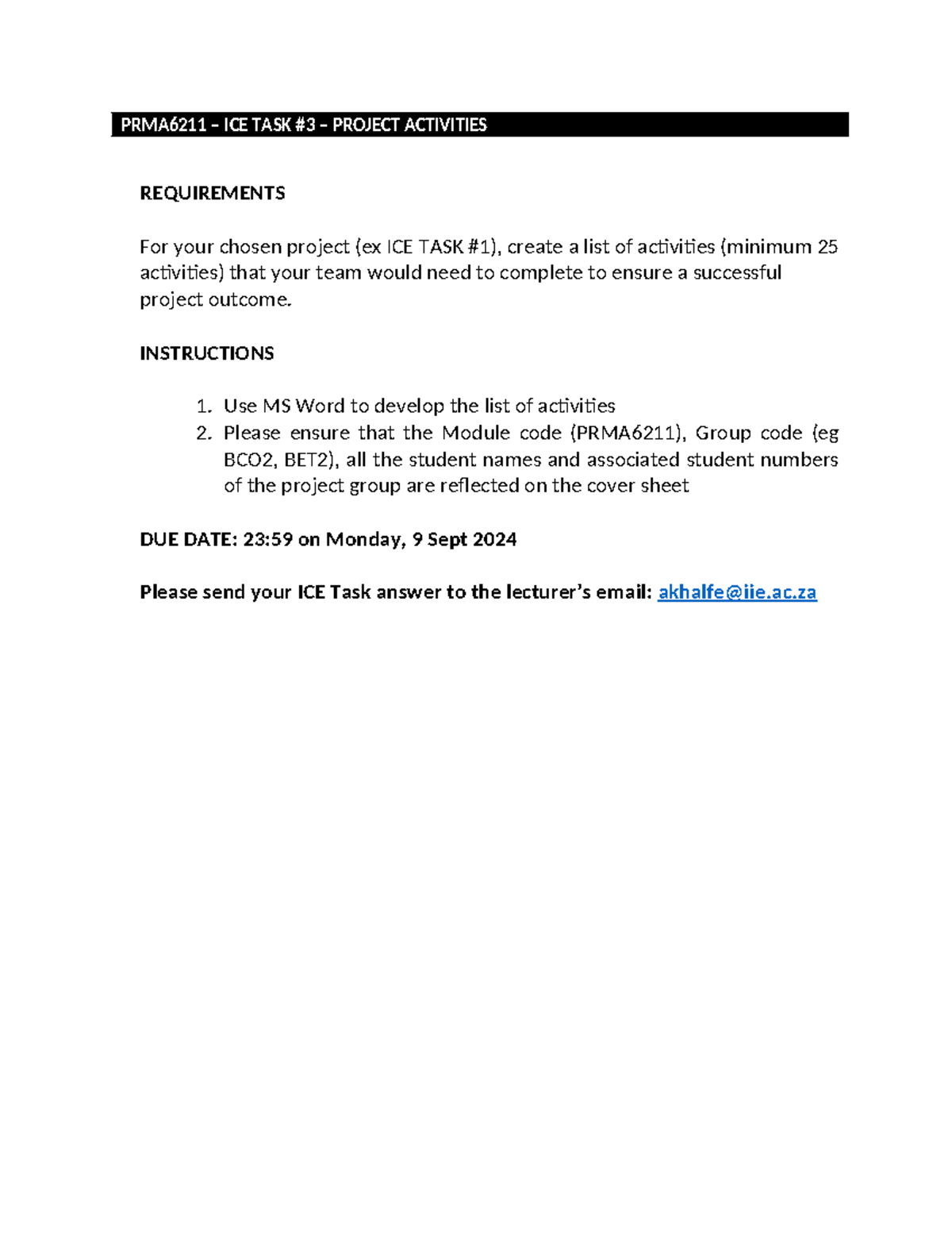 PRMA6211 - ICE TASK #3 - Project Activities - PRMA6211 – ICE TASK #3 ...