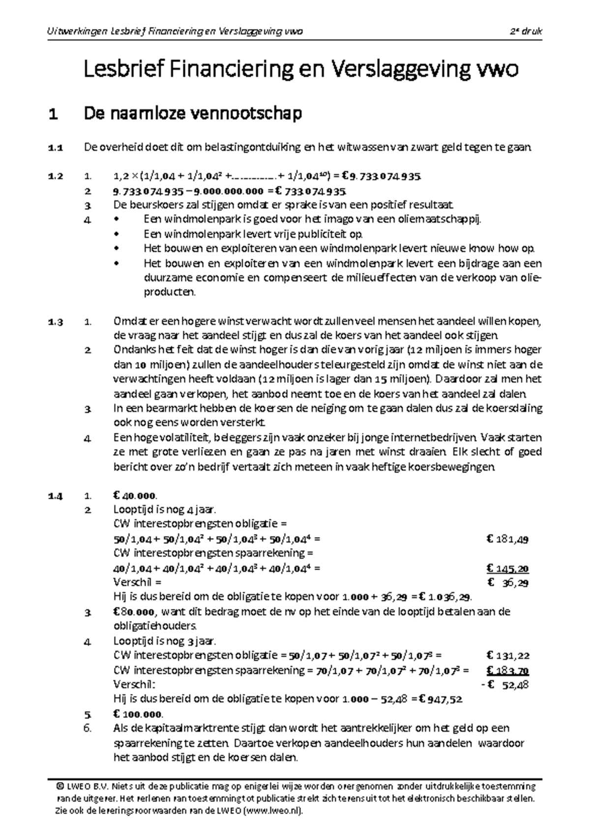 Uitwerkingen Lesbrief Financiering en Verslaggeving vwo 2e druk ...