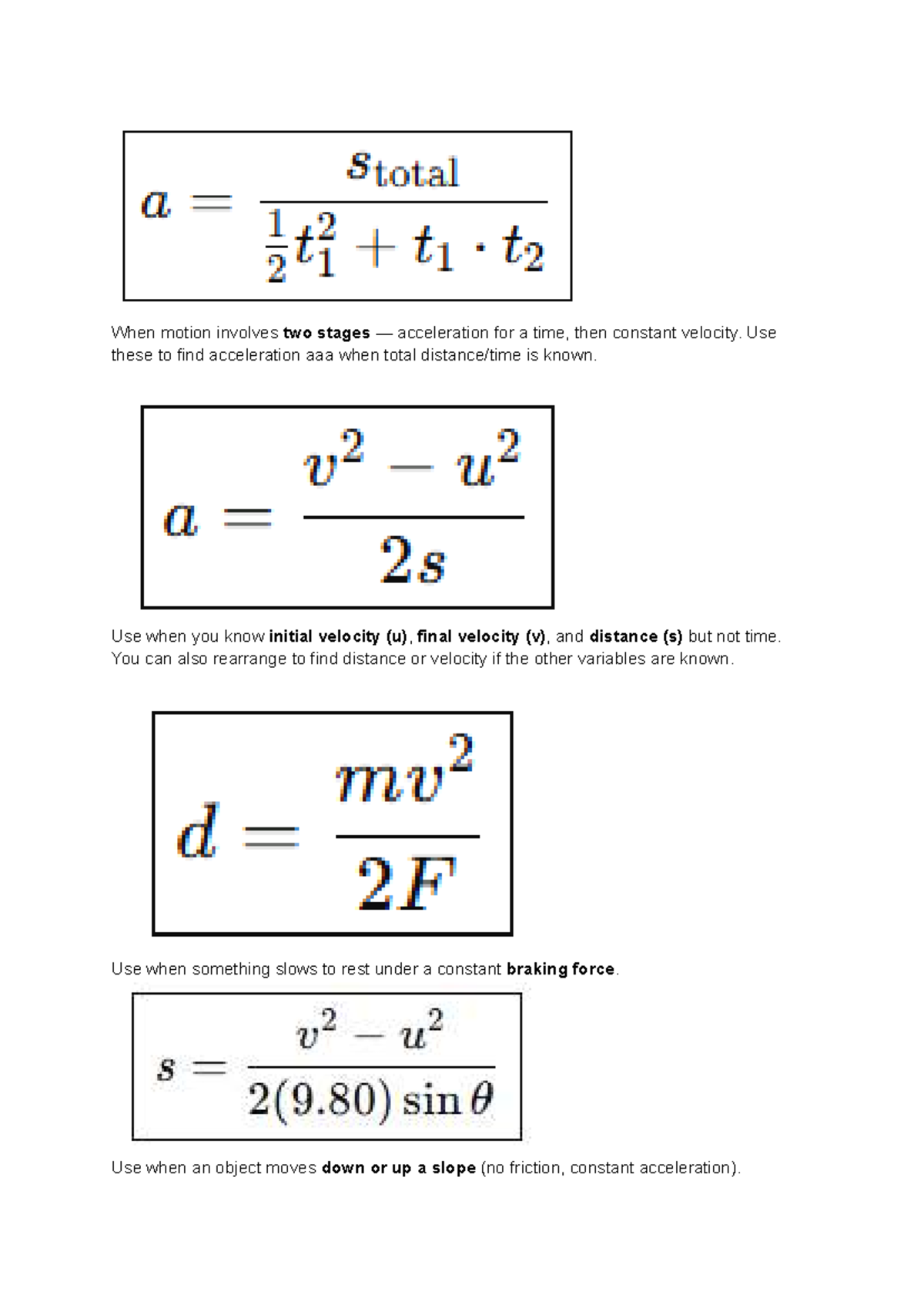 PHY1505 Formulas for Two-Stage Motion and Acceleration Analysis - Studocu