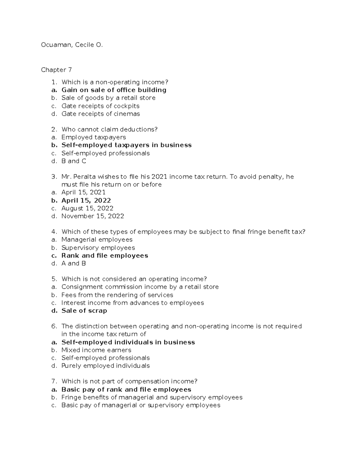 Chapter 7 Quiz Questions - Income Tax & Deductions - Studocu