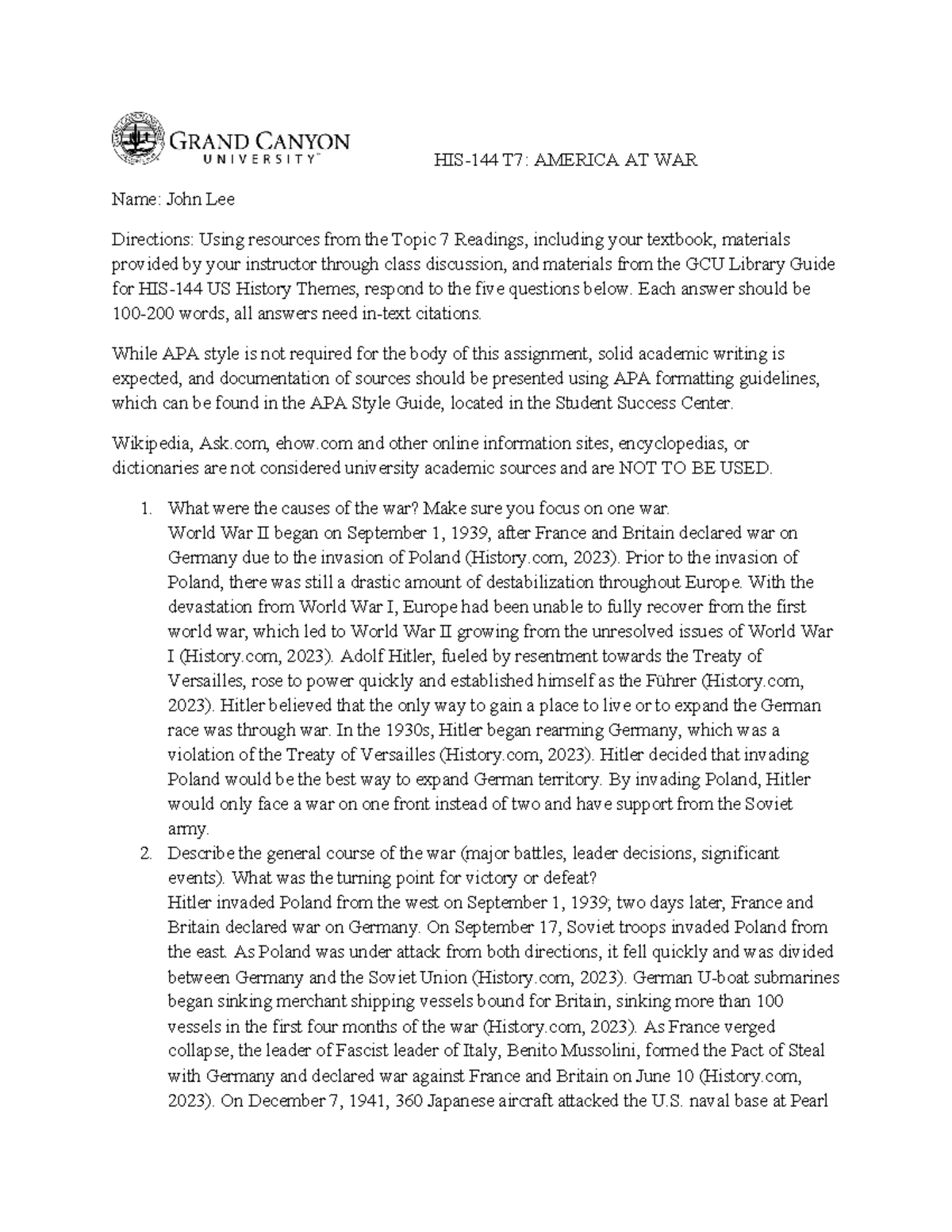 HIS-144 America at War: Key Questions and Responses for T7 Assignment ...