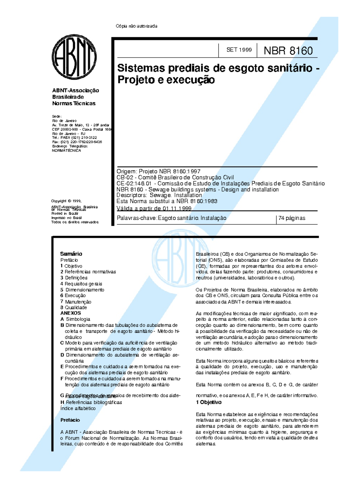 NBR 8160 - Sistemas prediais de esgoto sanitário - Copyright © 1999 ...