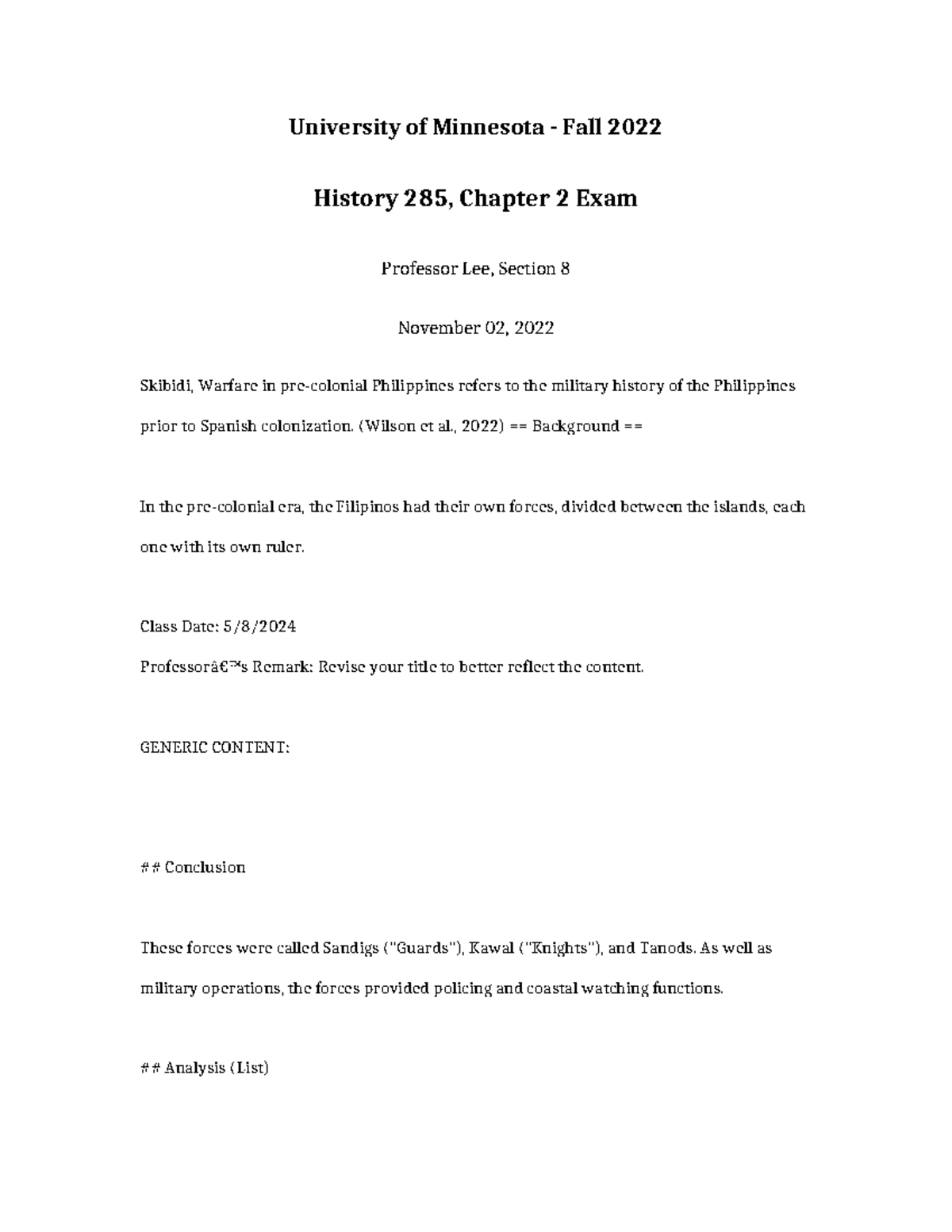 History 285 Chapter 2 EXAM - University of Minnesota - Fall 2022 ...