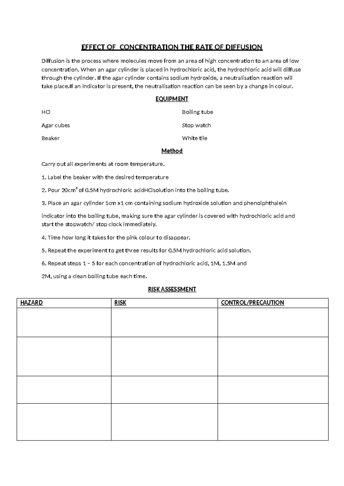 Effect of Concentration on the Rate of Diffusion: Experiment Notes ...