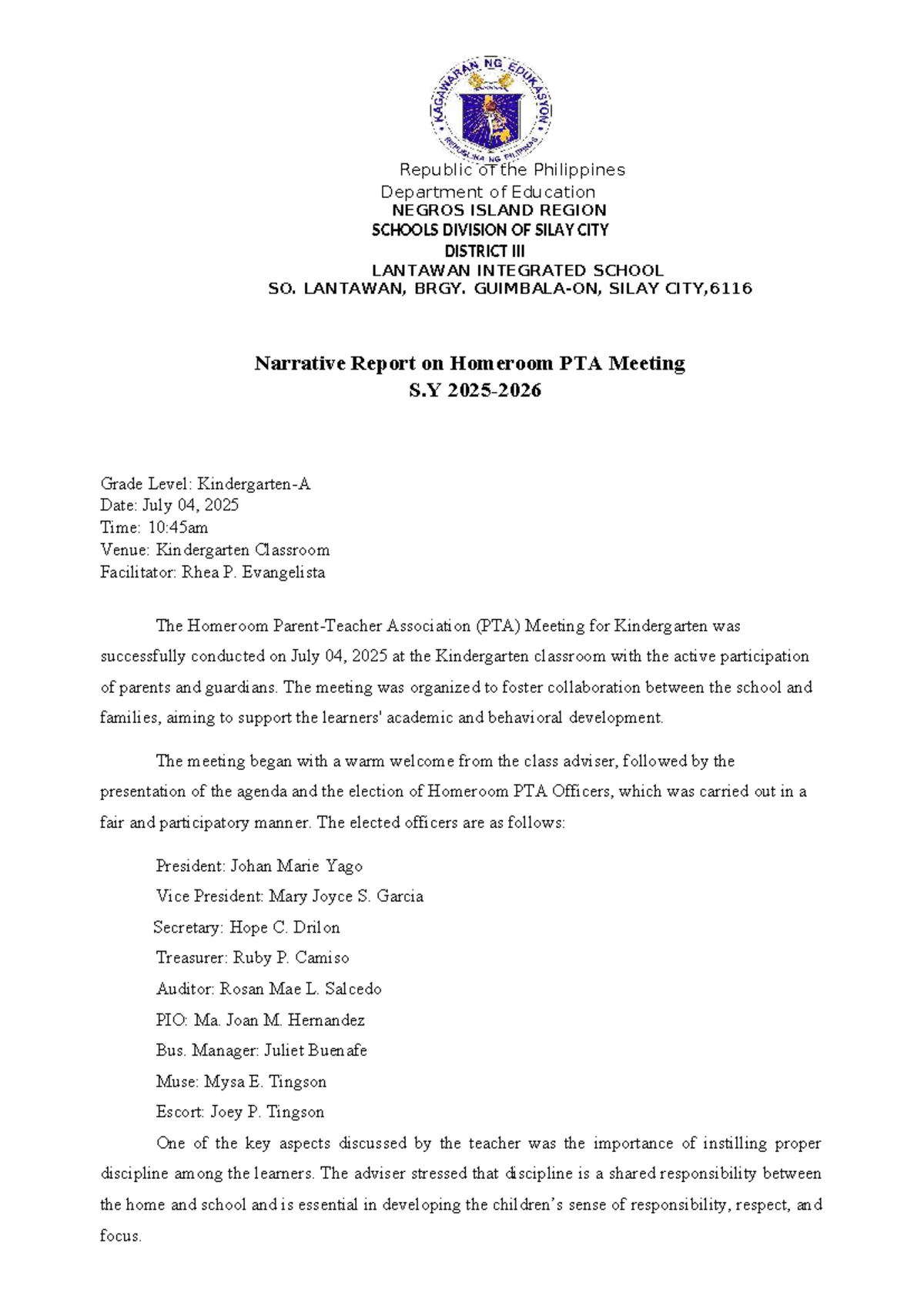 Narrative Report on Kindergarten PTA Meeting S.Y. 2025 - Studocu