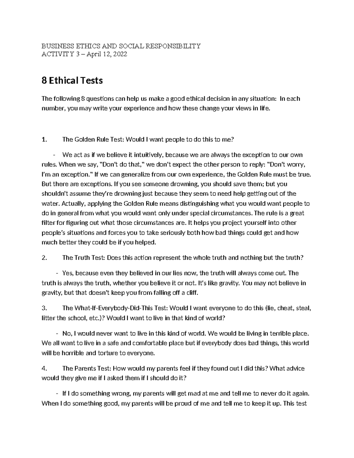 BUSS 301 - Activity 3: 8 Ethical Tests for Decision Making - Studocu