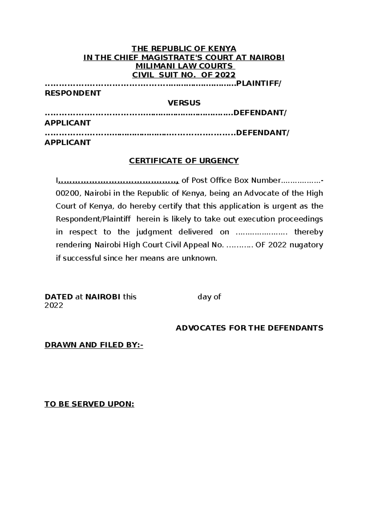 Application for Stay of Execution in Civil Suit No. 2022 - Nairobi ...