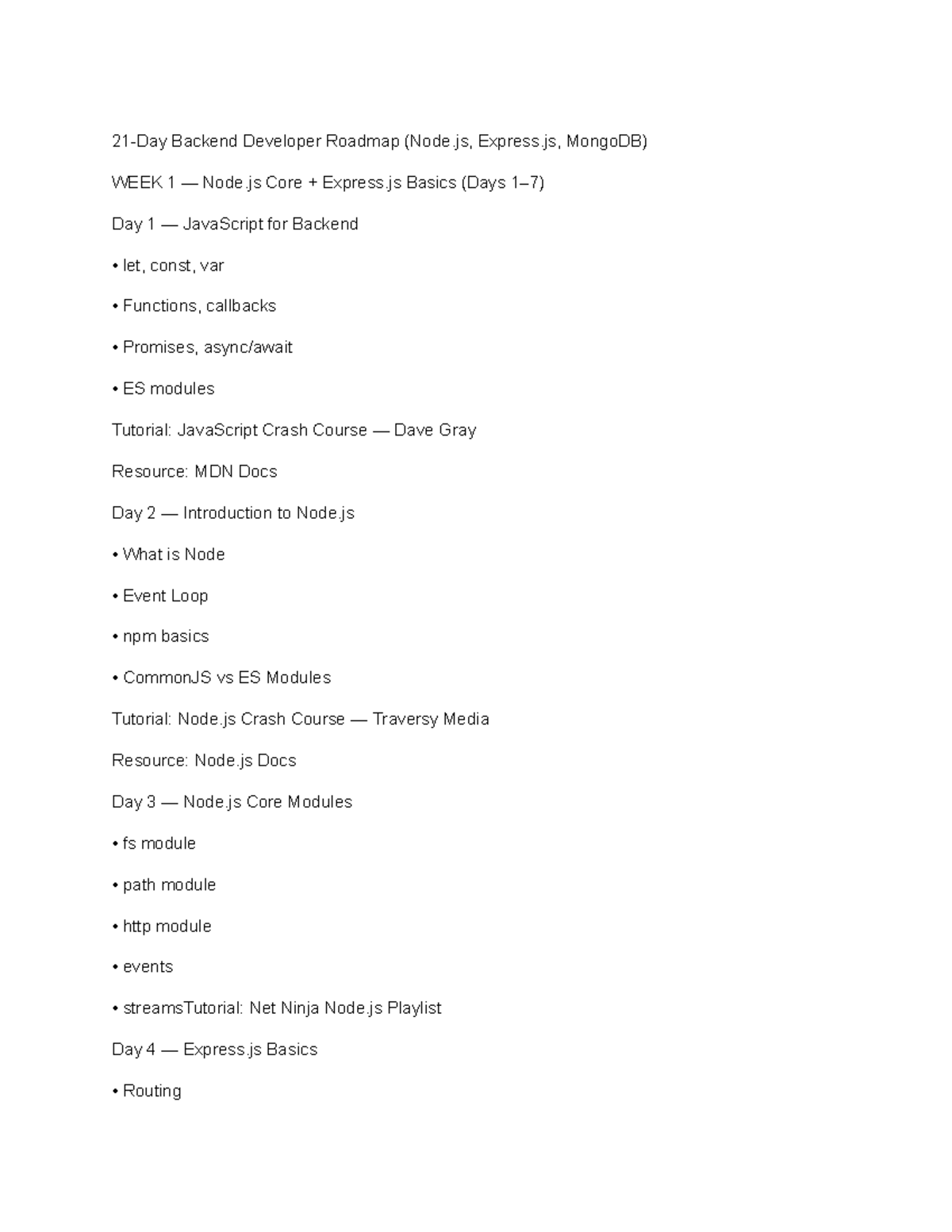 Backend Developer Roadmap (Node.js, Express.js, MongoDB) - 21 Days - Studocu
