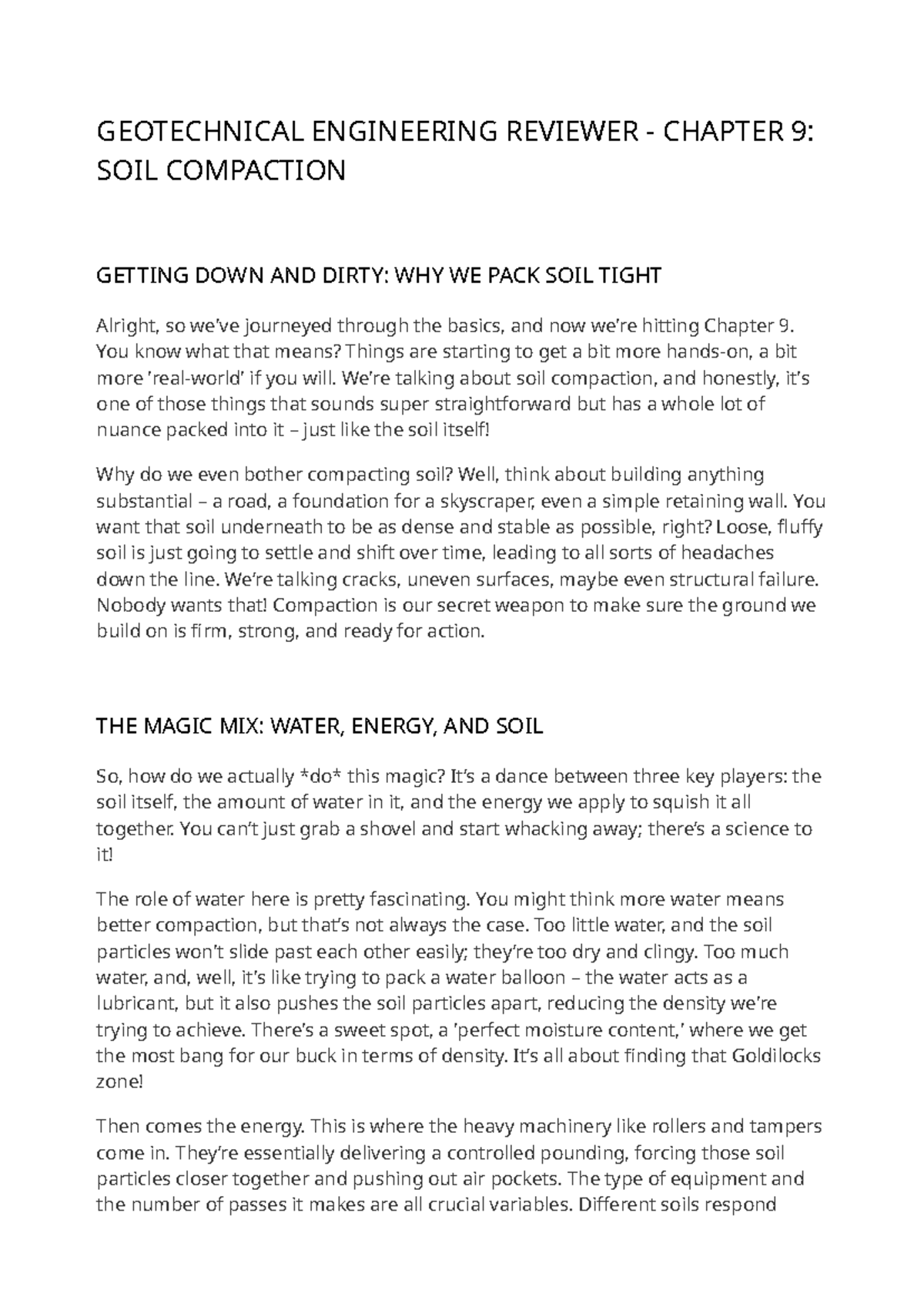GEOTECHNICAL ENGINEERING REVIEWER: CHAPTER 9 - SOIL COMPACTION - Studocu