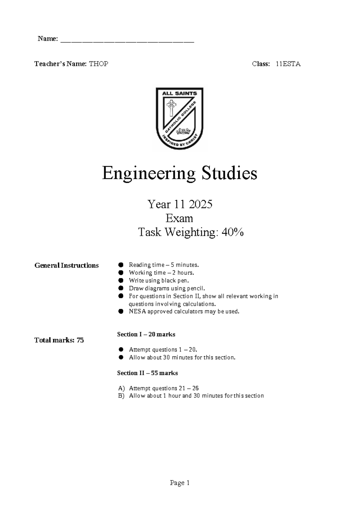 11ESTA Engineering Studies Year 11 2025 Preliminary Exam - Studocu