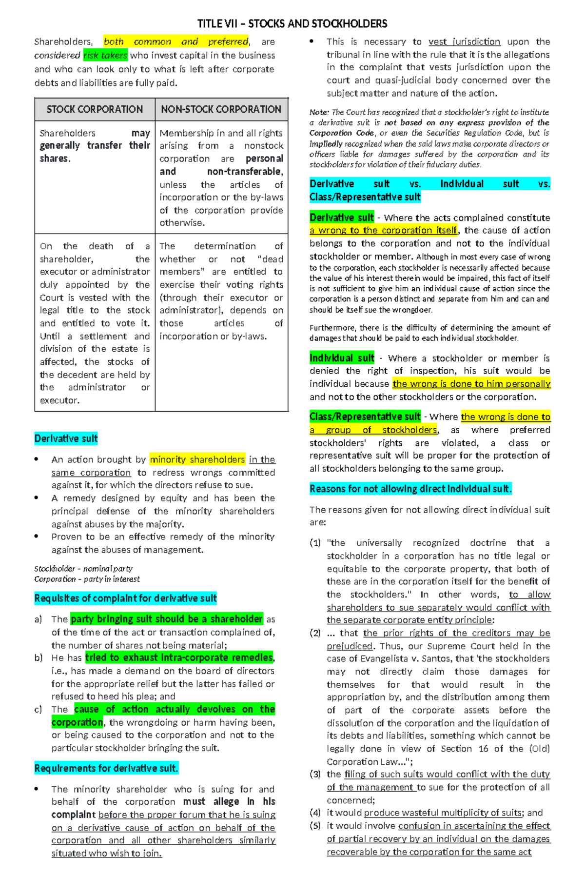 Title VII Outline - Summary of Stocks and Stockholders in Business Law ...