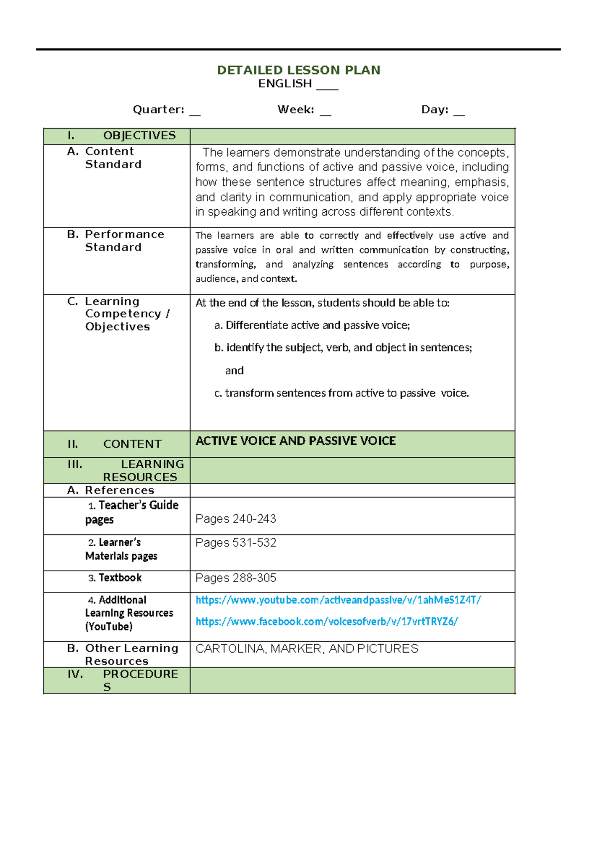 ENG 101: Detailed Lesson Plan on Active and Passive Voice - Studocu