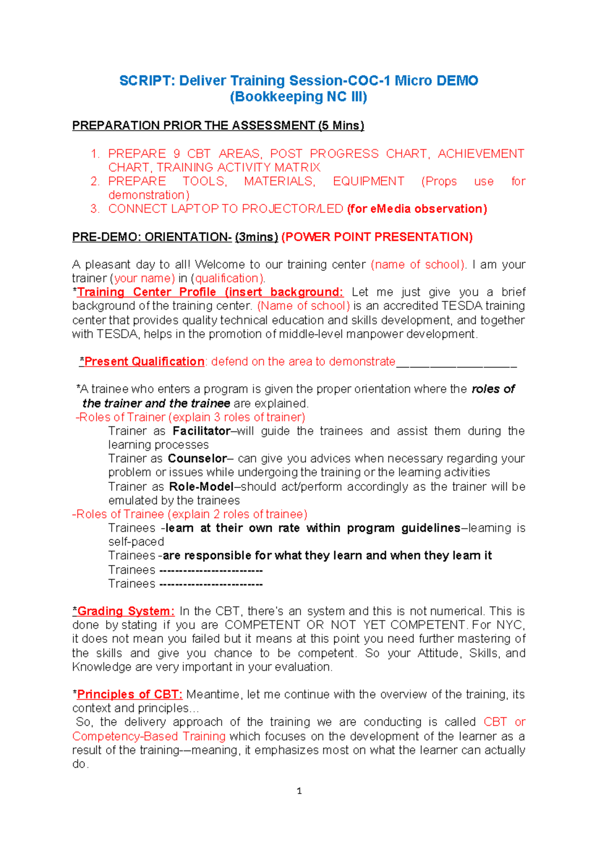 Bookkeeping NC3 Micro Demo Training Script for Assessment Preparation ...