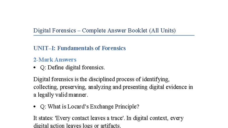 Digital Forensics (DF 101) Comprehensive Answer Guide for All Units ...